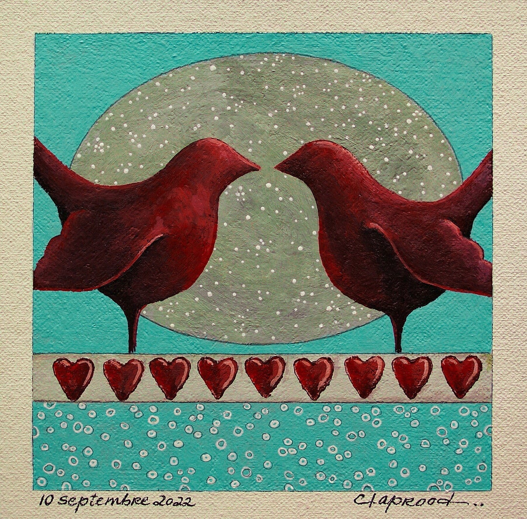 Red Birds Painting, Bird and Heart Painting, Love Birds, Pair of Red ...