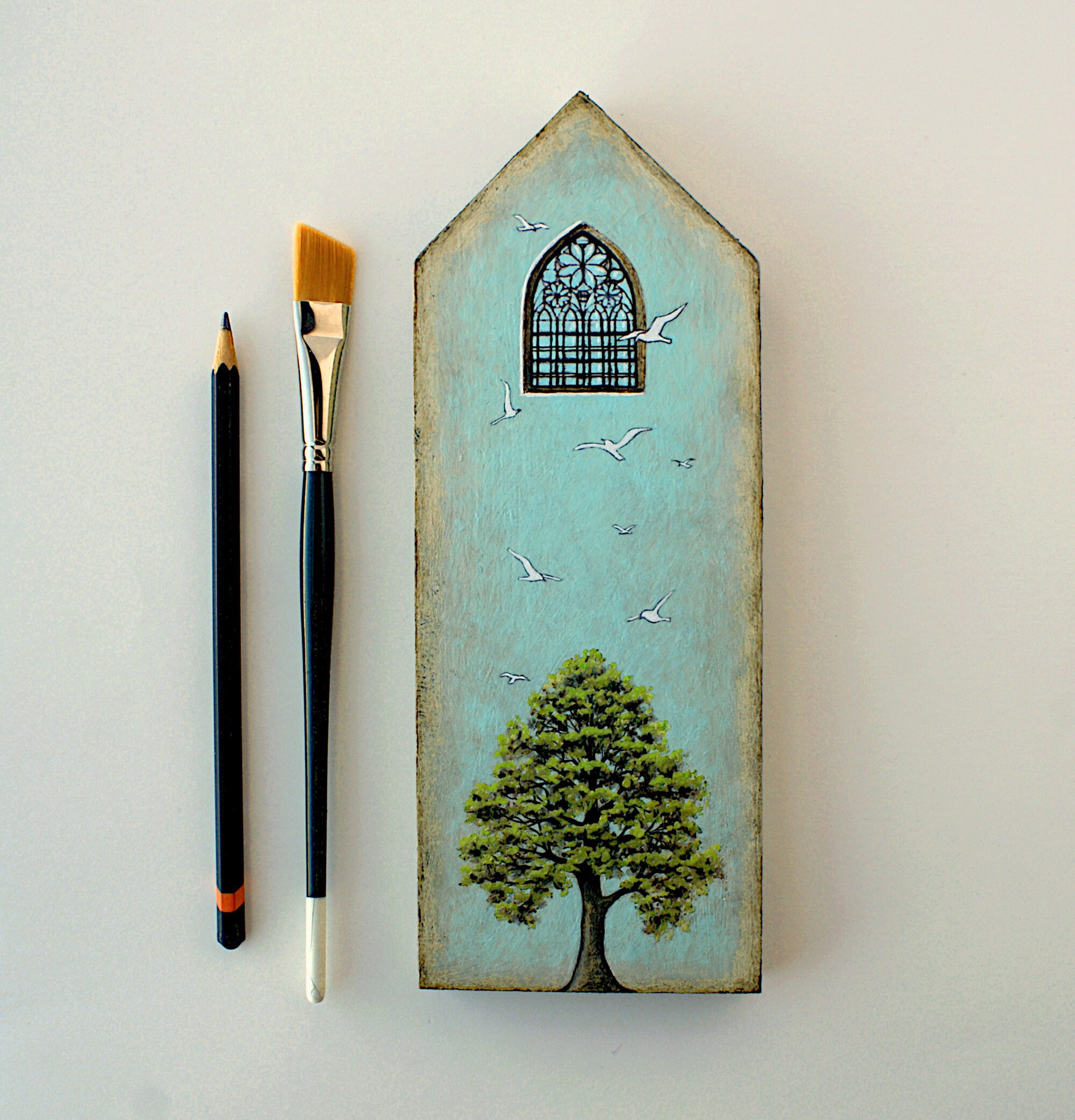Green Tree Painting, Tree Art, Tree and Bird Painting, Small Original ...