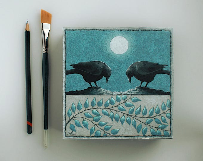 Small Original Painting of Two Crows, Hand Painted Artwork of Black ...