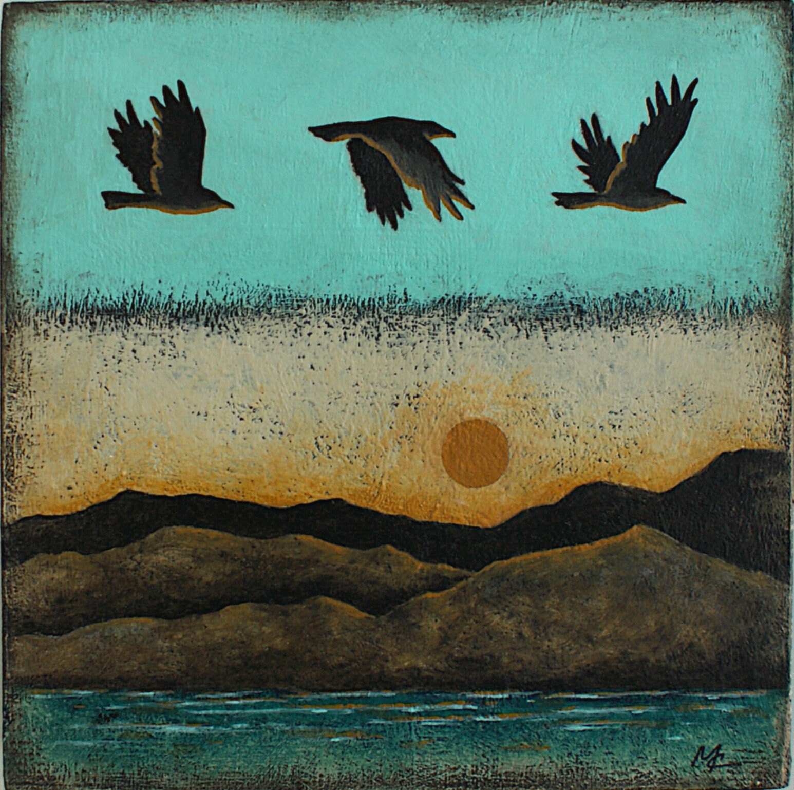 Mountain & Raven Painting, Small Hand Painted Art, Original Bird Art ...