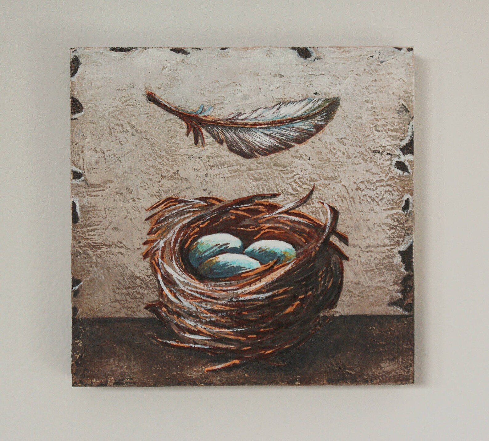 Art original, Peinture nid oiseau, Nid et plume, Nature, Tableau nid ...