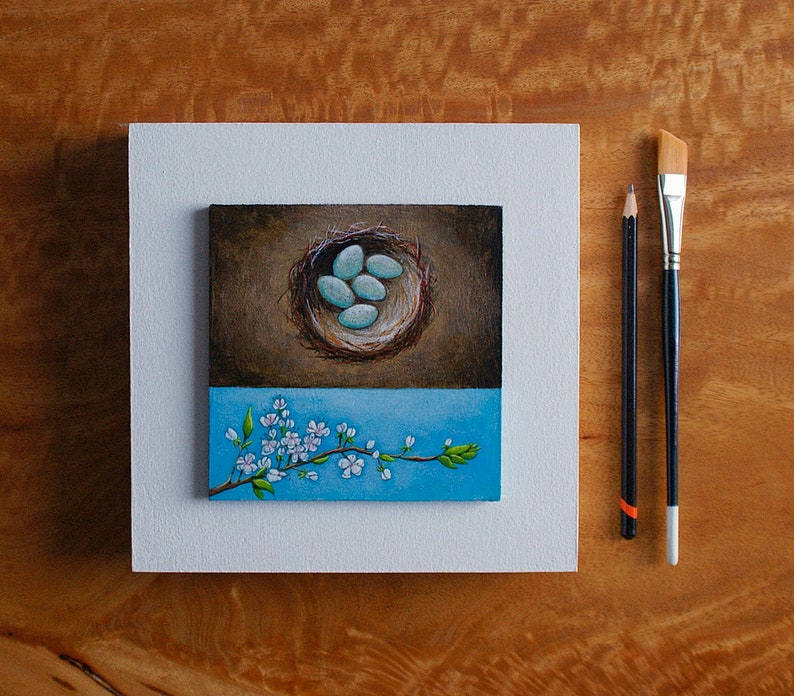 Petite peinture nid, Tableau nid d'oiseau, Branche en fleurs, Art ...