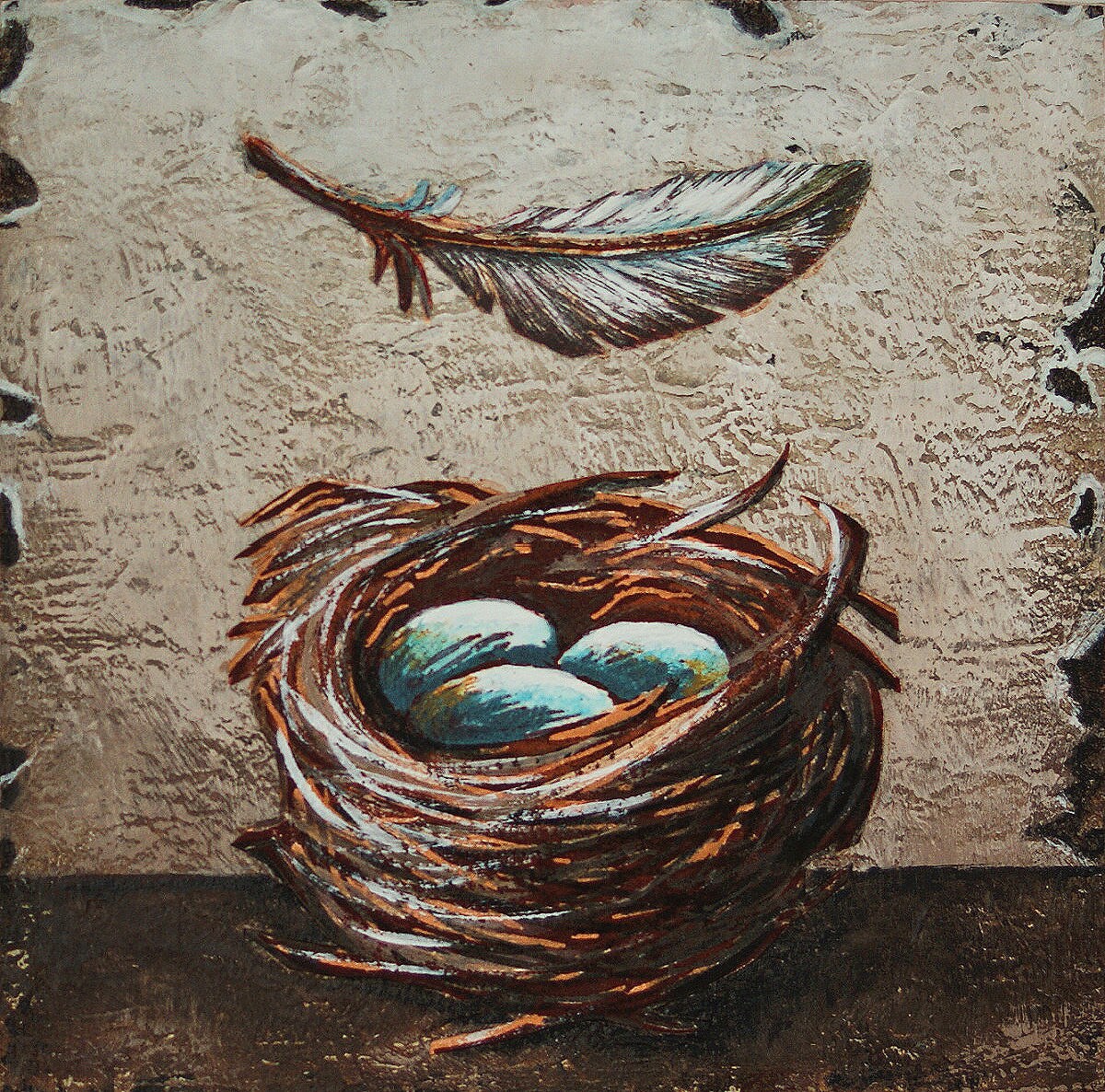 Small Original Art, Nest Painting, Bird Themed Art, Nest and Feather ...
