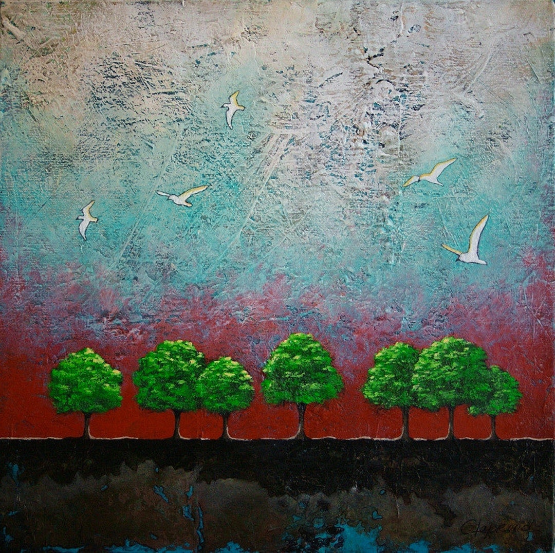 Landscape Painting, Green Tree Painting, Tree Art, Trees & White Birds ...