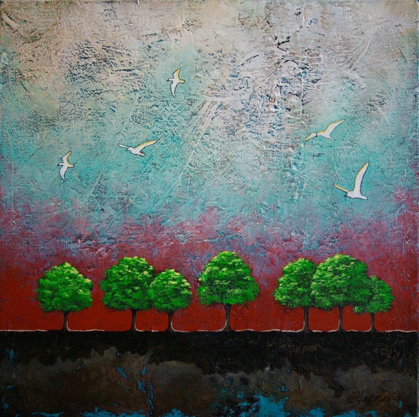 Landscape Painting, Green Tree Painting, Tree Art, Trees & White Birds ...