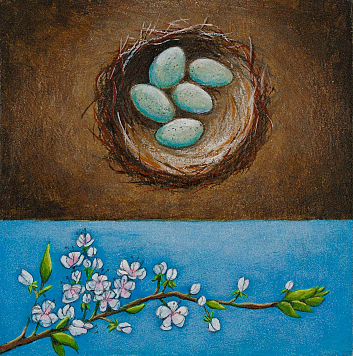 Bird Nest Painting, Nest Art, Tree Branch in Bloom, Nature Art, Bird ...