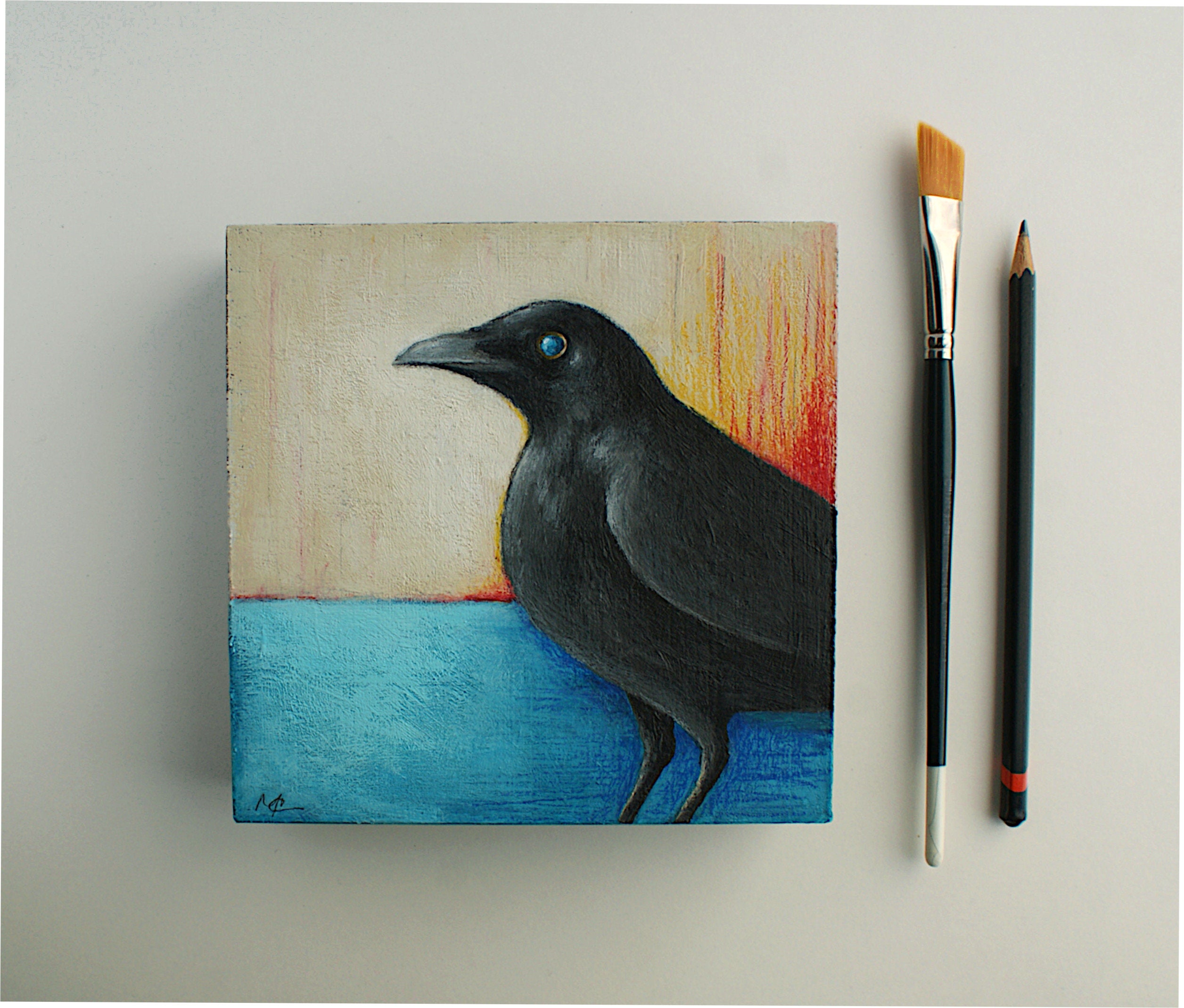 Small Crow Painting, Original Black Bird Painting, Original Bird ...