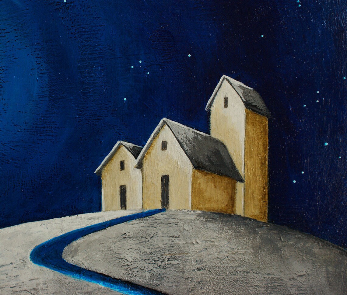 Nightscape Painting, Full Moon Painting, Painting of Houses on Hill ...