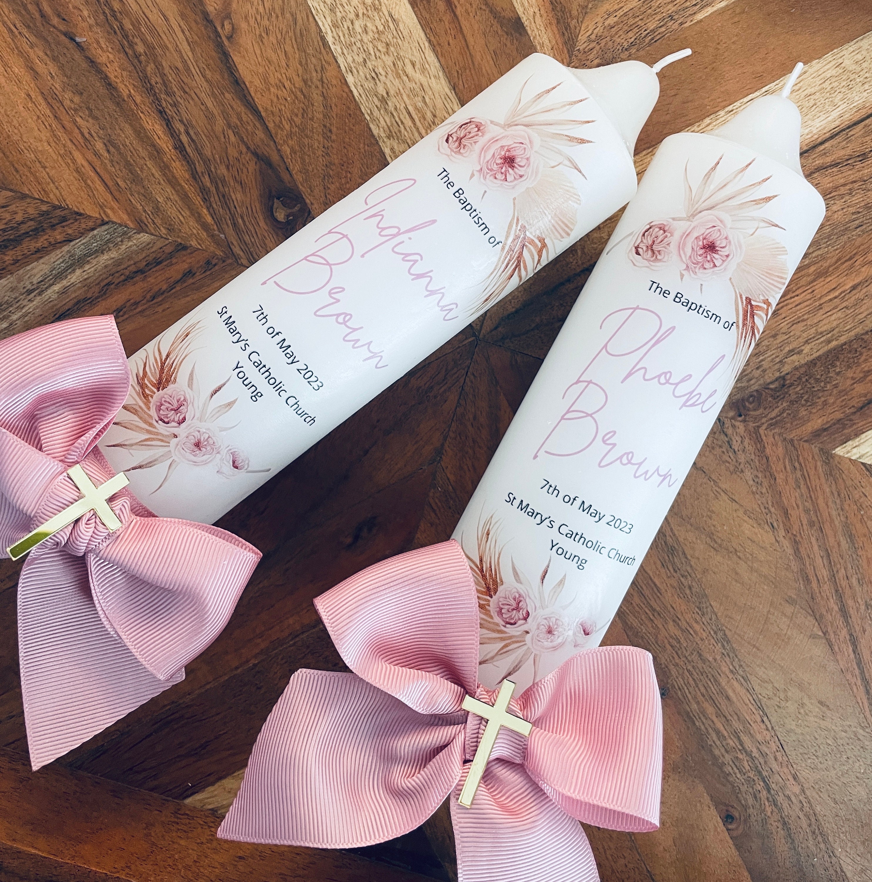 Palm Floral Baptism Christening Candle With Bow & Mirror Cross - Etsy ...