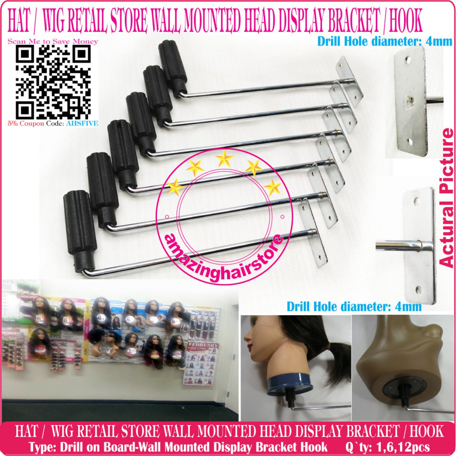 24 Styrofoam Head Holder Store Display Hook Hat Wig Retail Fixture Wall ...