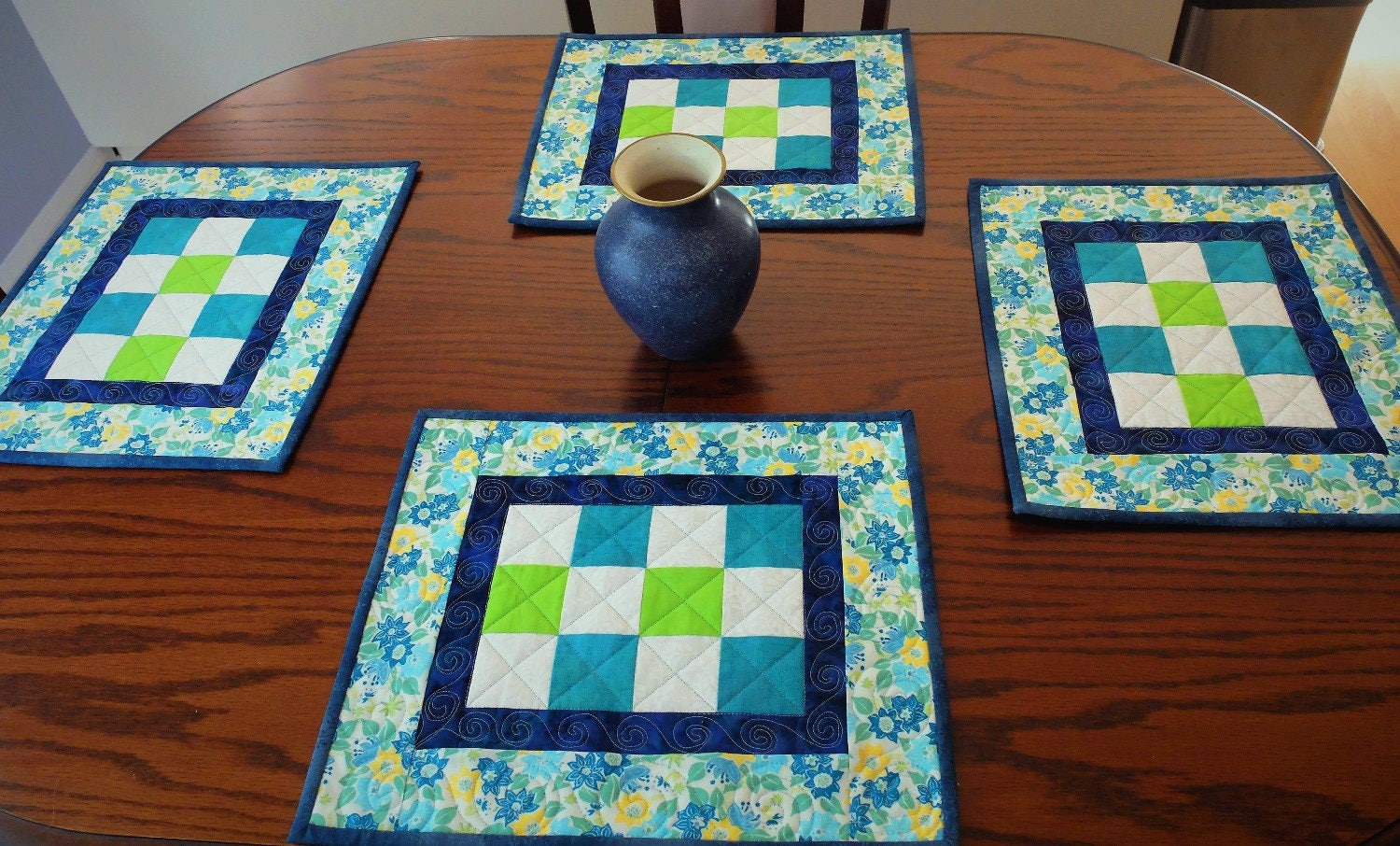 Patchwork place mats set of four green blue white modern | Etsy