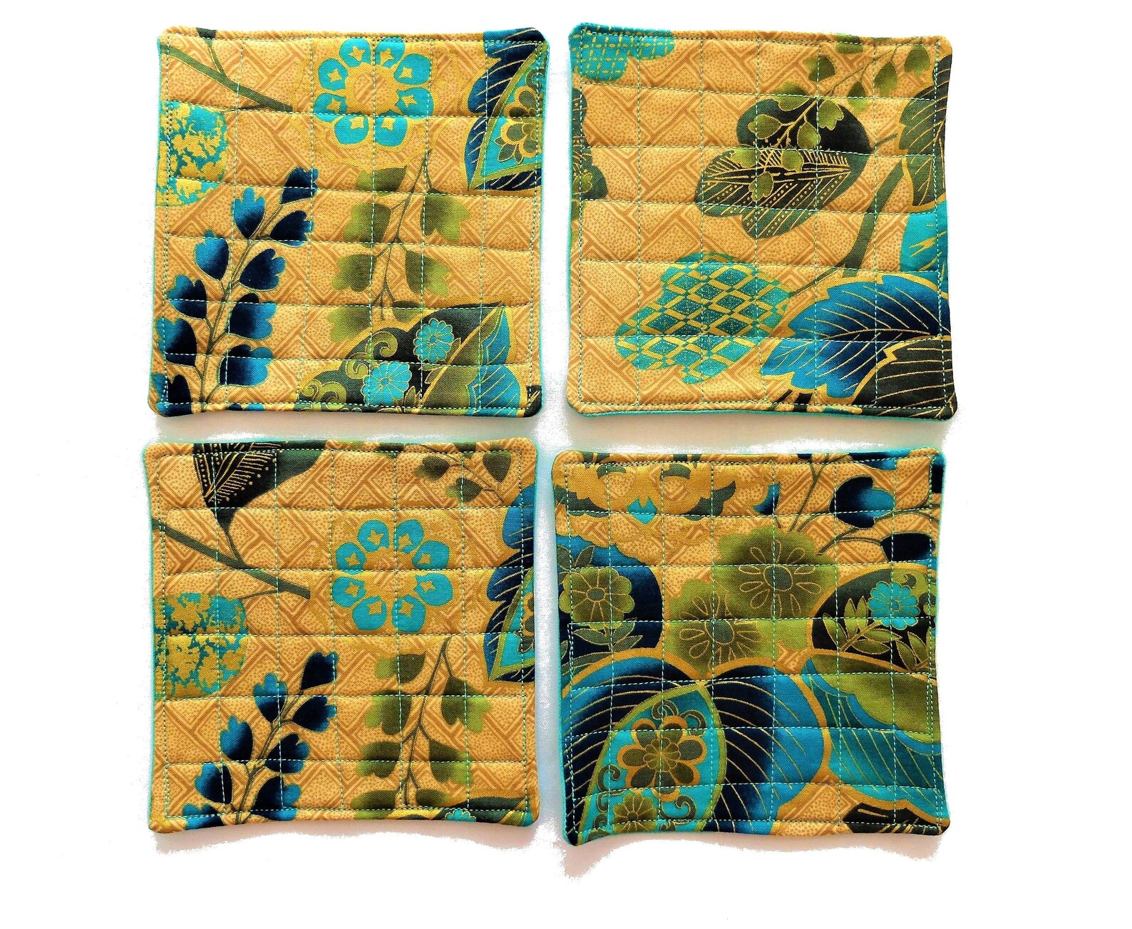 Quilted Fabric Coasters Set of Four Drink Mats Turquoise | Etsy