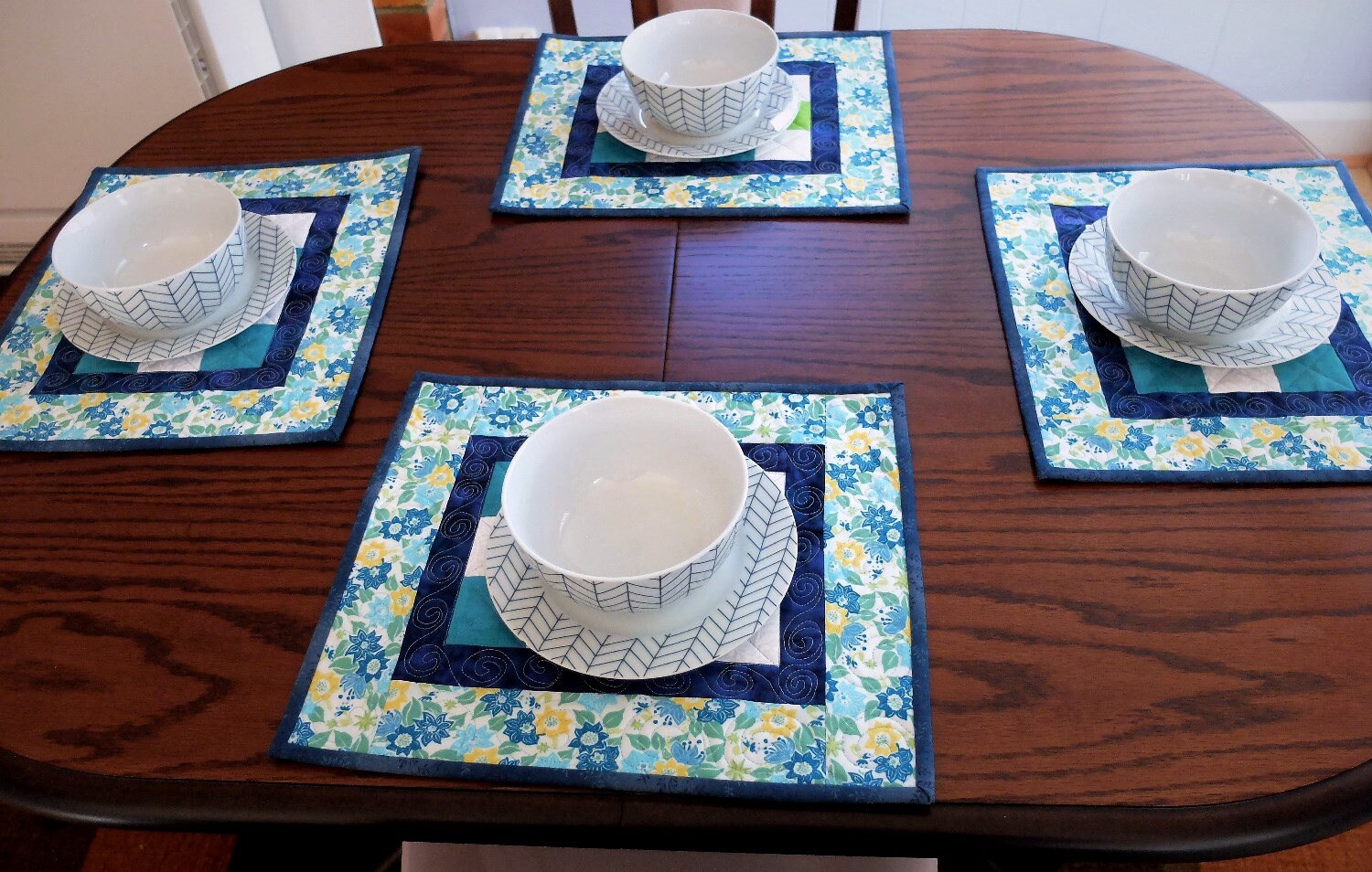 Patchwork place mats set of four green blue white modern | Etsy