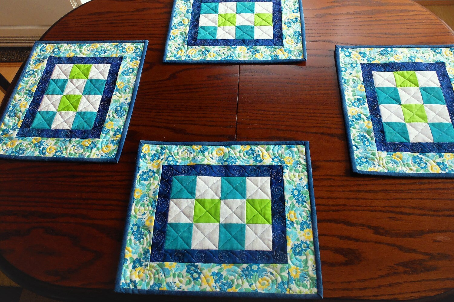 Patchwork place mats set of four green blue white modern | Etsy