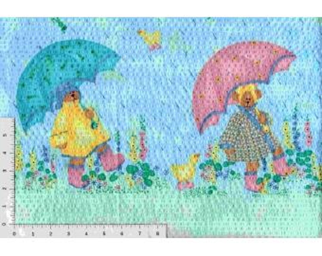 1998 Daisy Kingdom April Showers Border Bears Umbrellas 44" Wide Plisse Fabric BTHY 1/2 Yard X ...