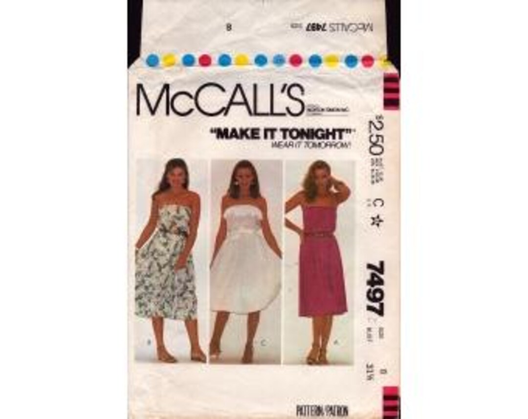 1981 Misses Strapless or Back Neck Ties Pullover Dress Elastic Upper ...