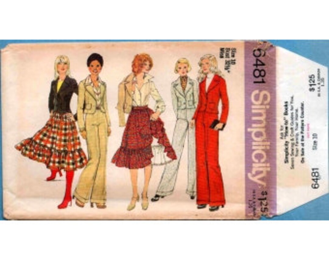 1974 Misses Notch Collar Front Button Jacket Wide Leg Pants Hem Ruffle ...