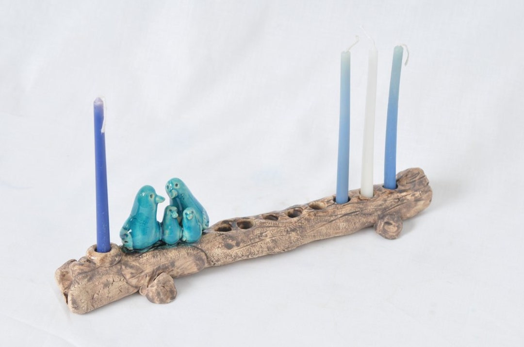 Menorah, Handmade Ceramic Menorah Pair of Tiny Love Birds on a Branch ...