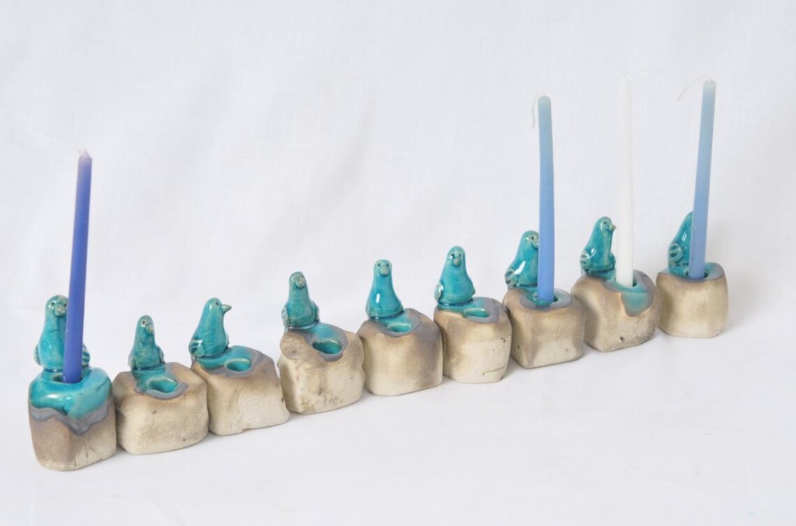 Handmade Ceramics Menorah With Tiny Love Birds - Hanukkah Menorah ...