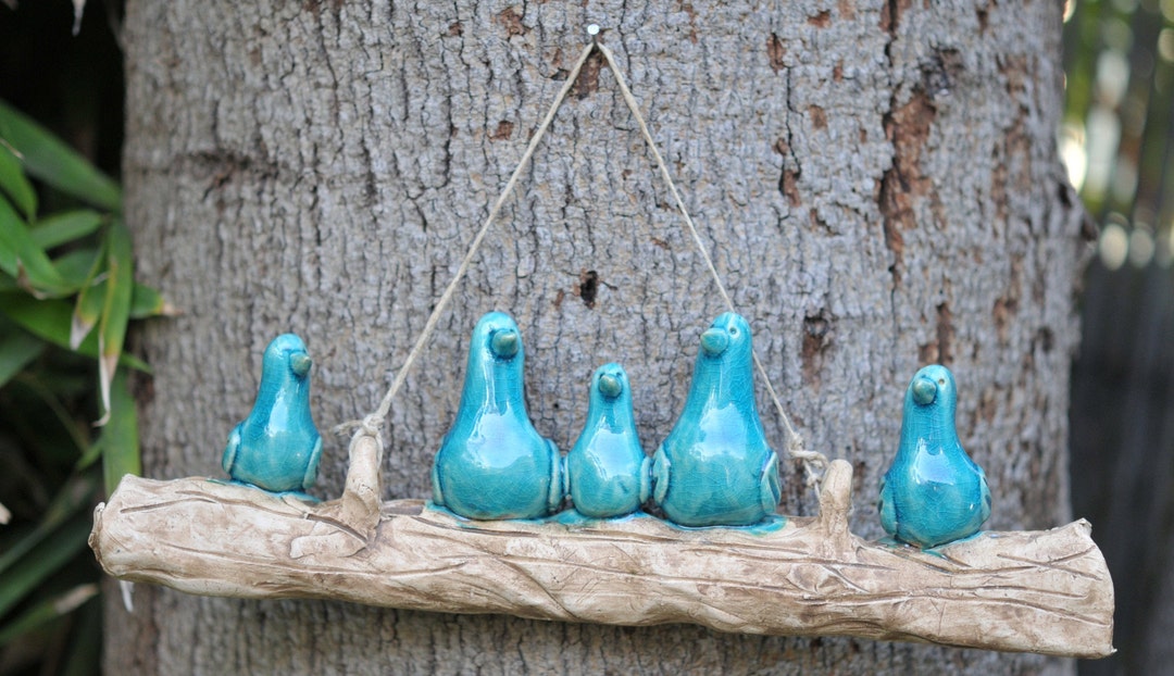 Ceramic Tree Trunk Wall Hanging With 5 Turquoise Birds - Family Symbol ...