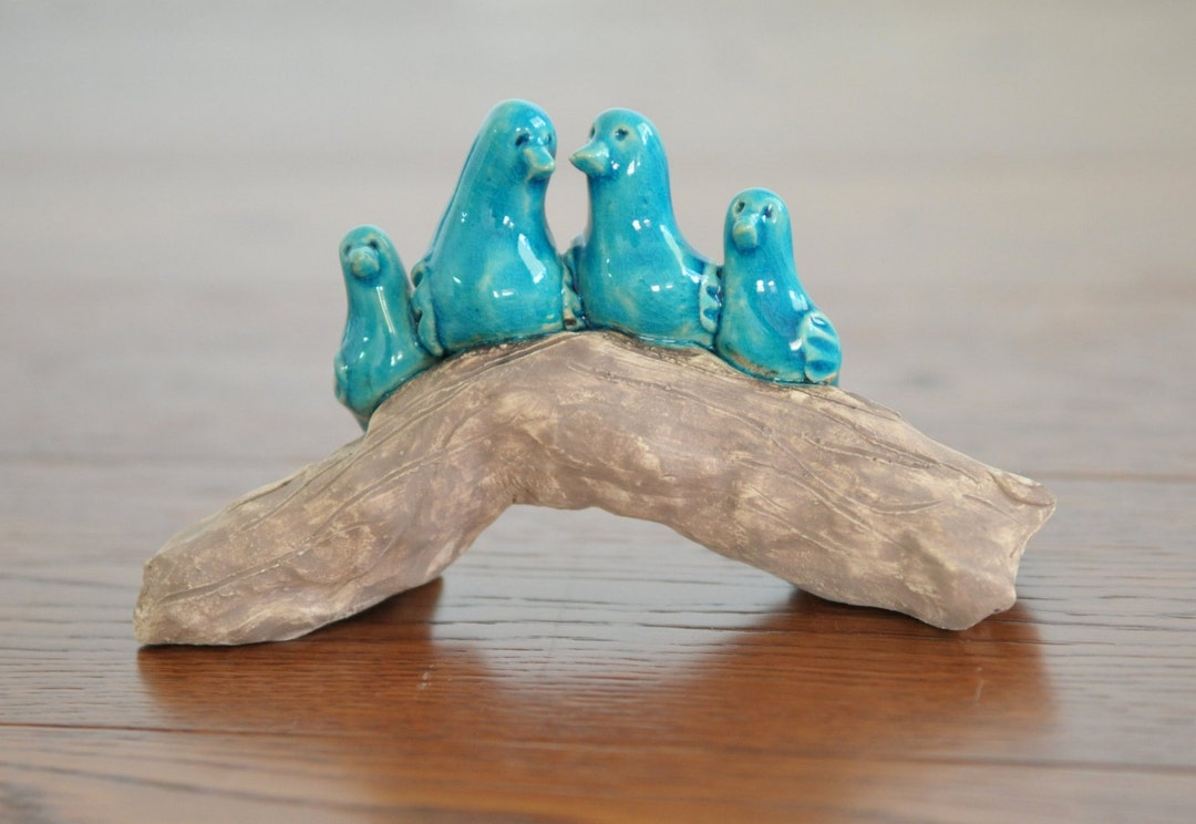 Turquoise Love Birds on a Brown Branch, Art Ceramic Sculpture Ceramic ...