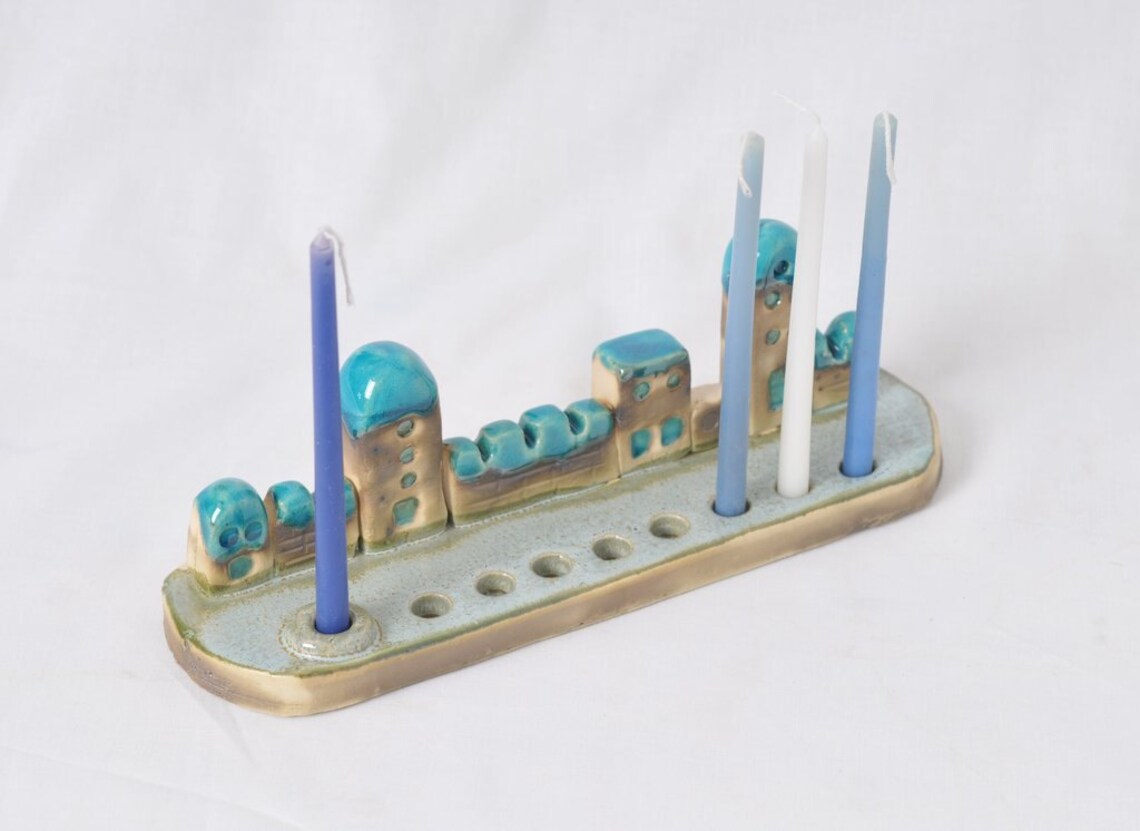 Ceramic Menorah With Tiny Houses of Jerusalem Hanukkah Menorah Hanukkah ...