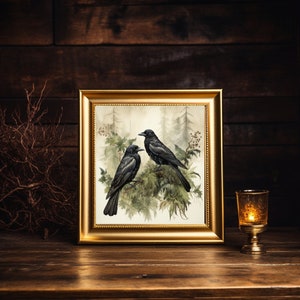 Cottagecore Wall Art, Ravens in Forest, Botanical Audubon Style Birds ...