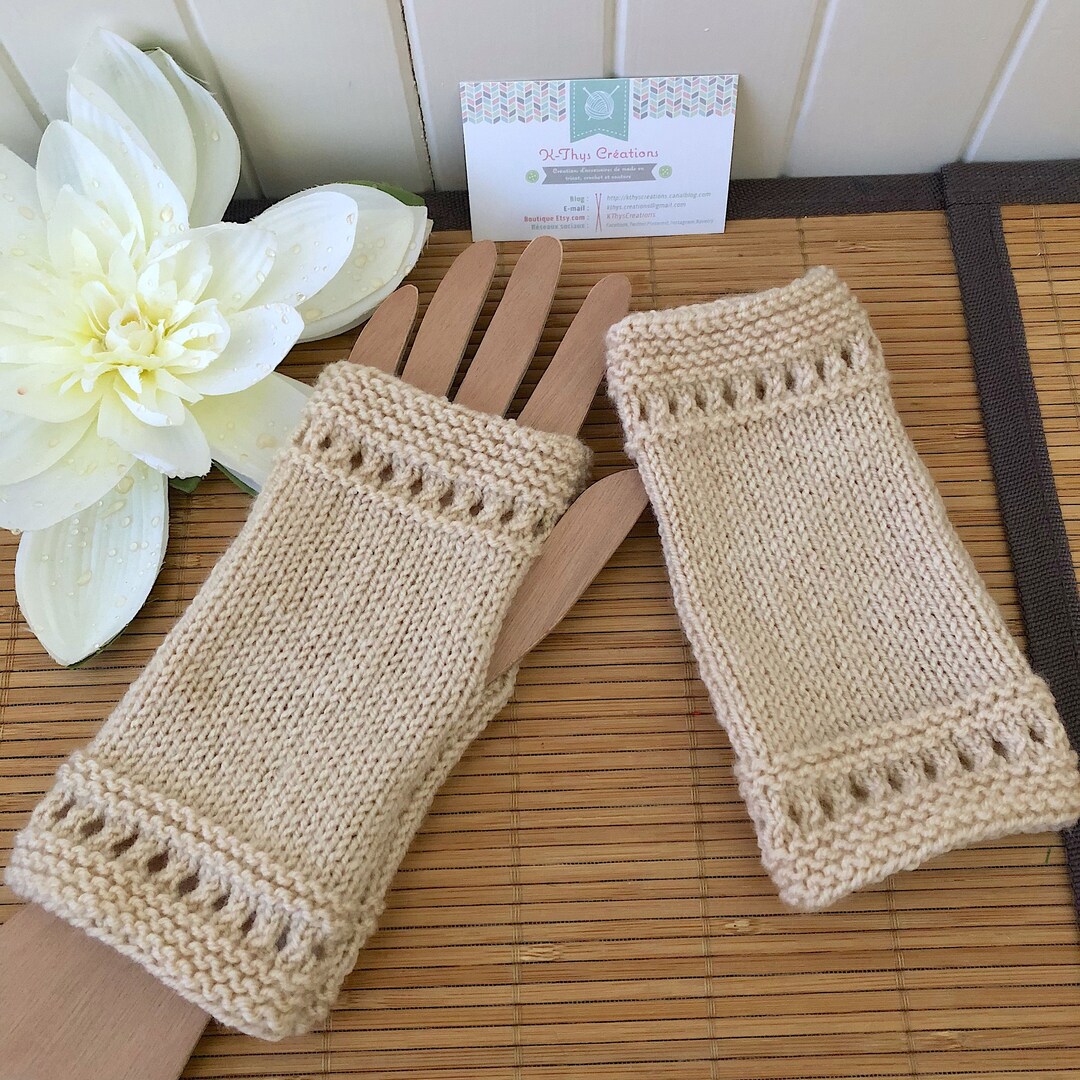 Mid-length Semi-openwork MAE Knit Mittens, Acrylic, Beige Color, Woman ...
