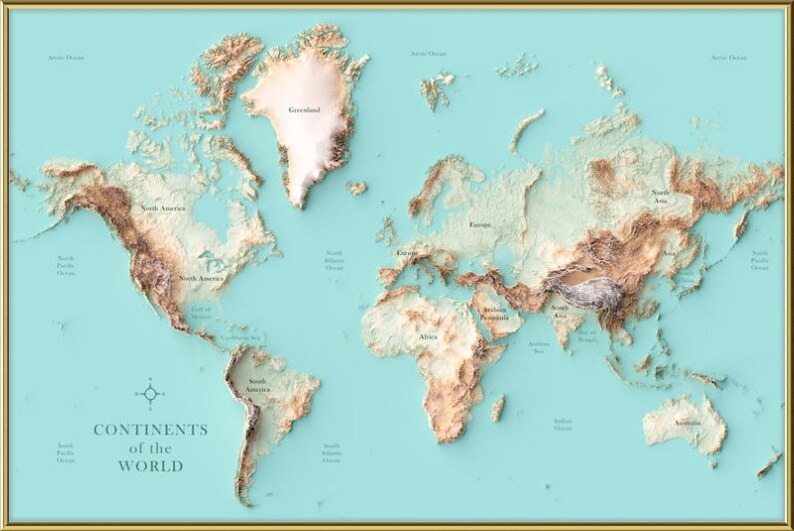Continents of the World - Shaded Relief Map UNFRAMED ART PRINT - Etsy ...