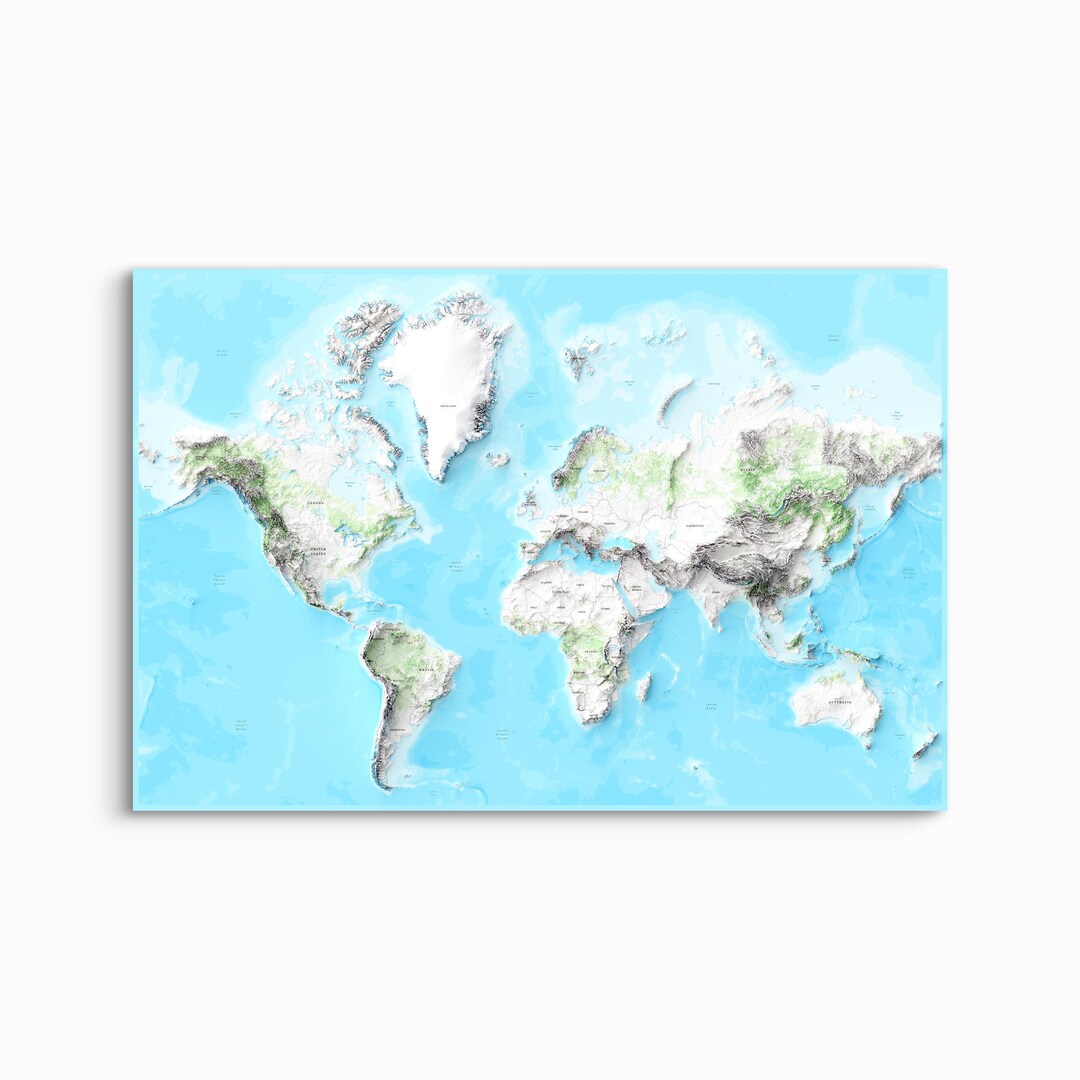 World Shaded Relief Map - Topographic With Labels UNFRAMED ART PRINT - Etsy