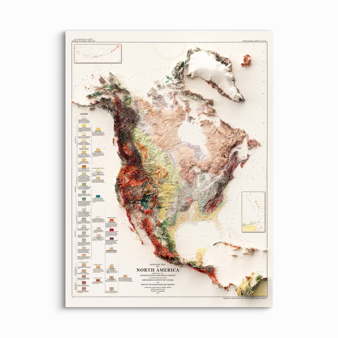 Geologic Map of North America Shaded Relief Map 1911 - Etsy