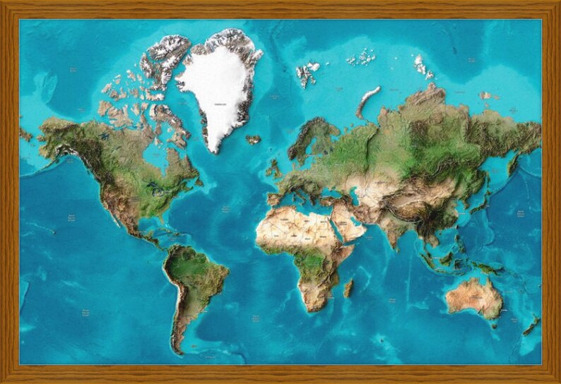 FRAMED World Shaded Relief Map Satellite Imagery With Labels - Etsy