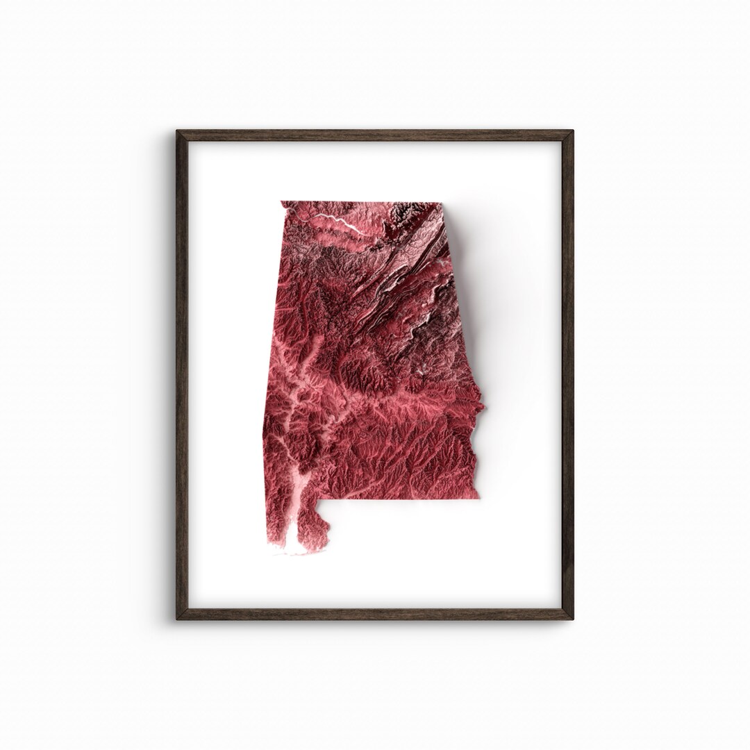 Alabama Shaded Relief Map Crimson - Etsy