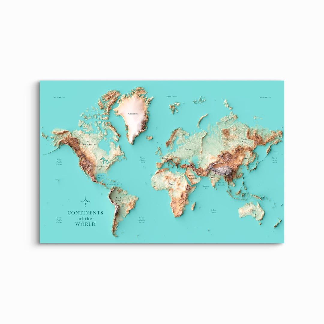 World Shaded Relief Map - Hypsometric Tint - UNFRAMED ART PRINT - Etsy