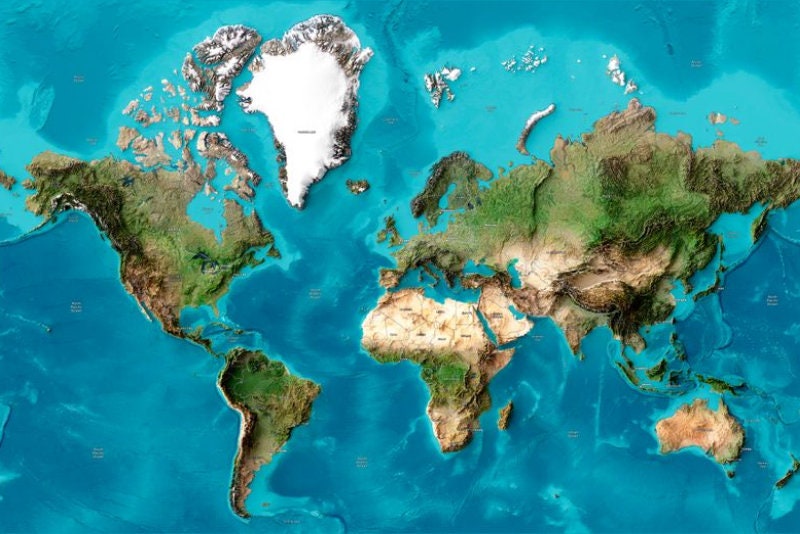 World Shaded Relief Map - Satellite Imagery With Labels UNFRAMED ART ...