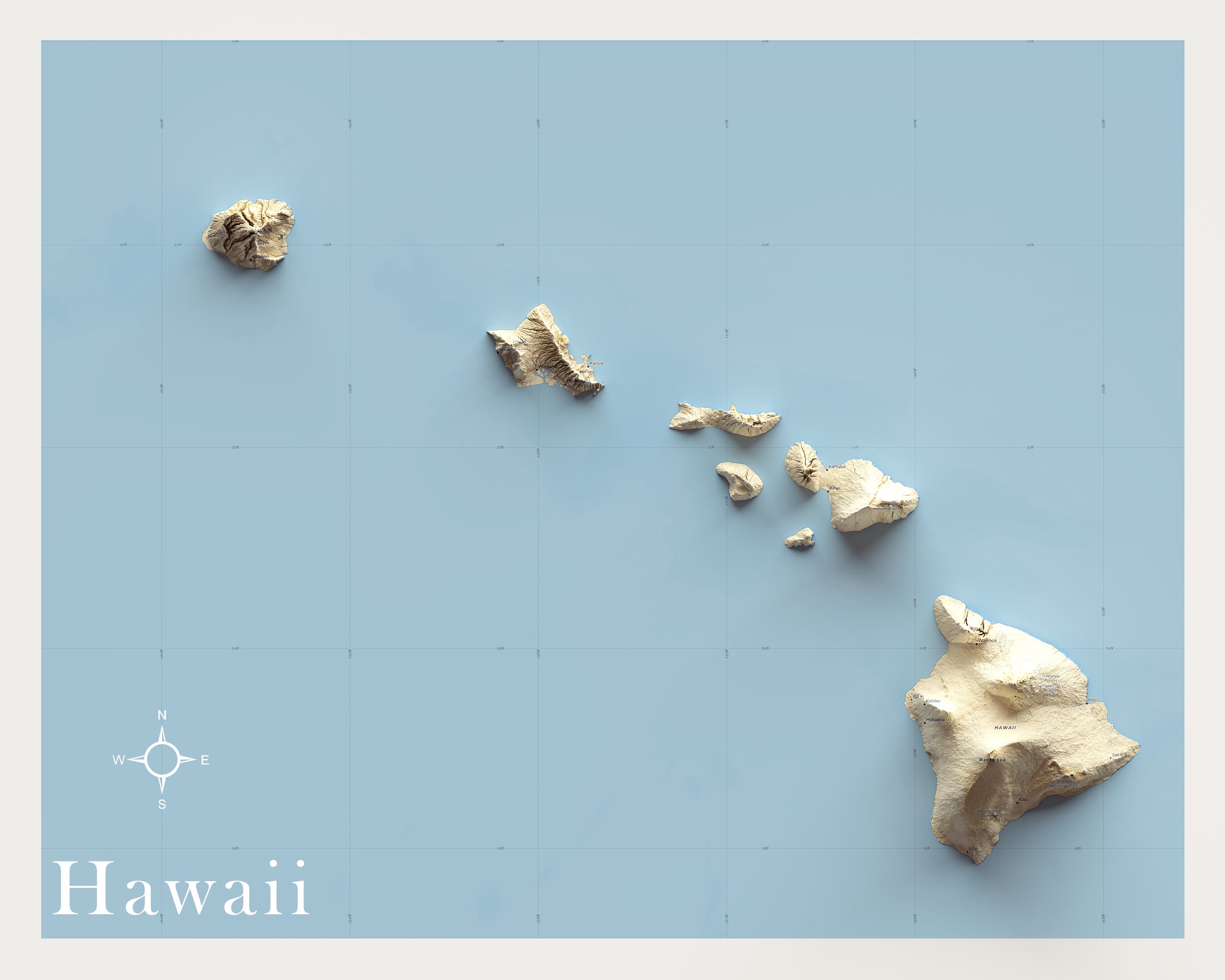 Hawaii Shaded Relief Map Charted Territory - Etsy