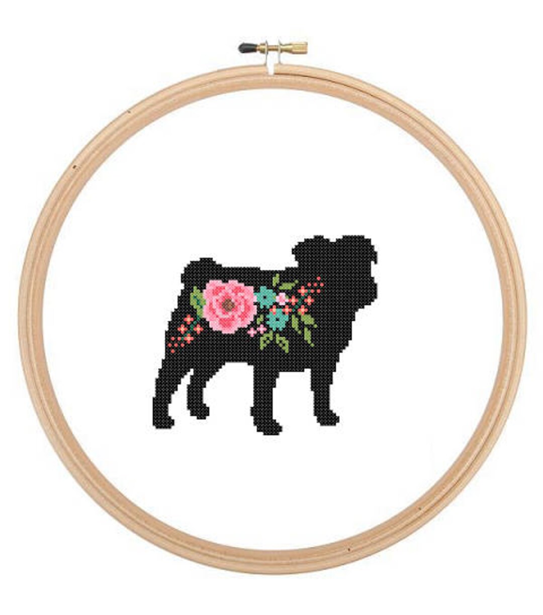 Pug Silhouette Cross Stitch Pattern Floral Roses Pet Animal Wall Art ...