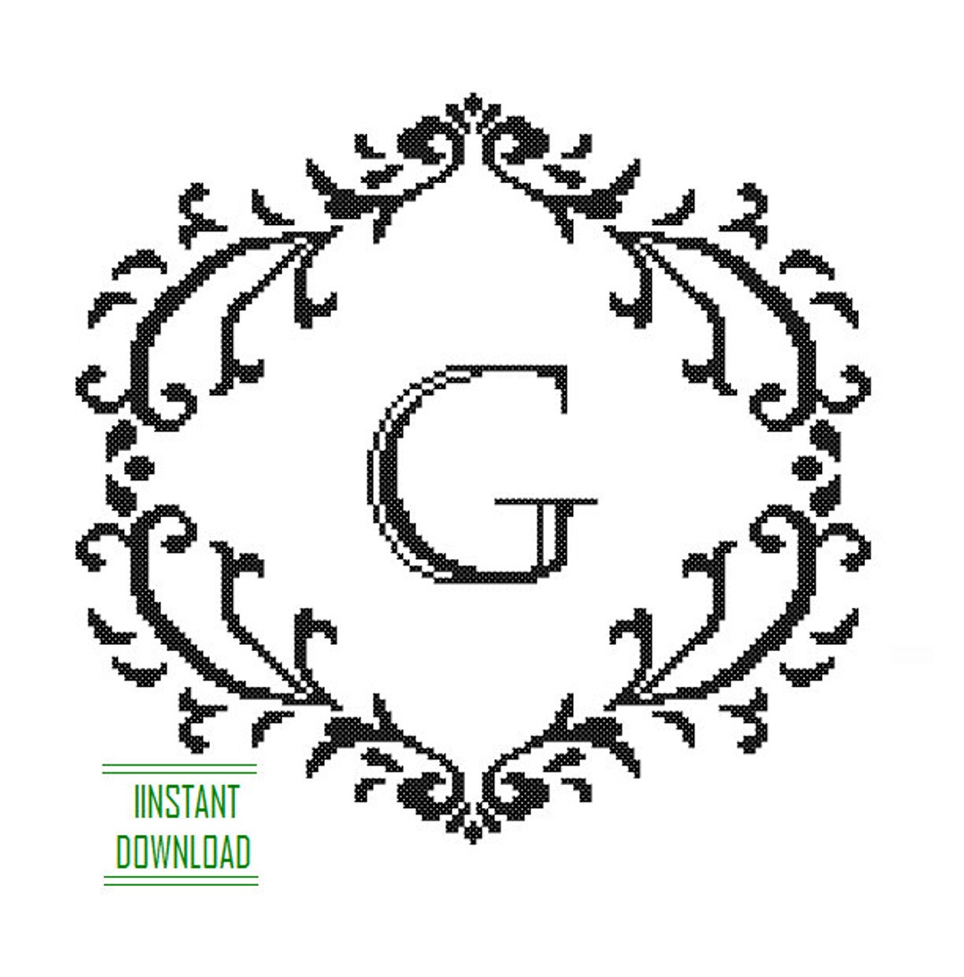 Instant Download Cross Stitch Pattern Black Monogram G Initial Alphabet ...