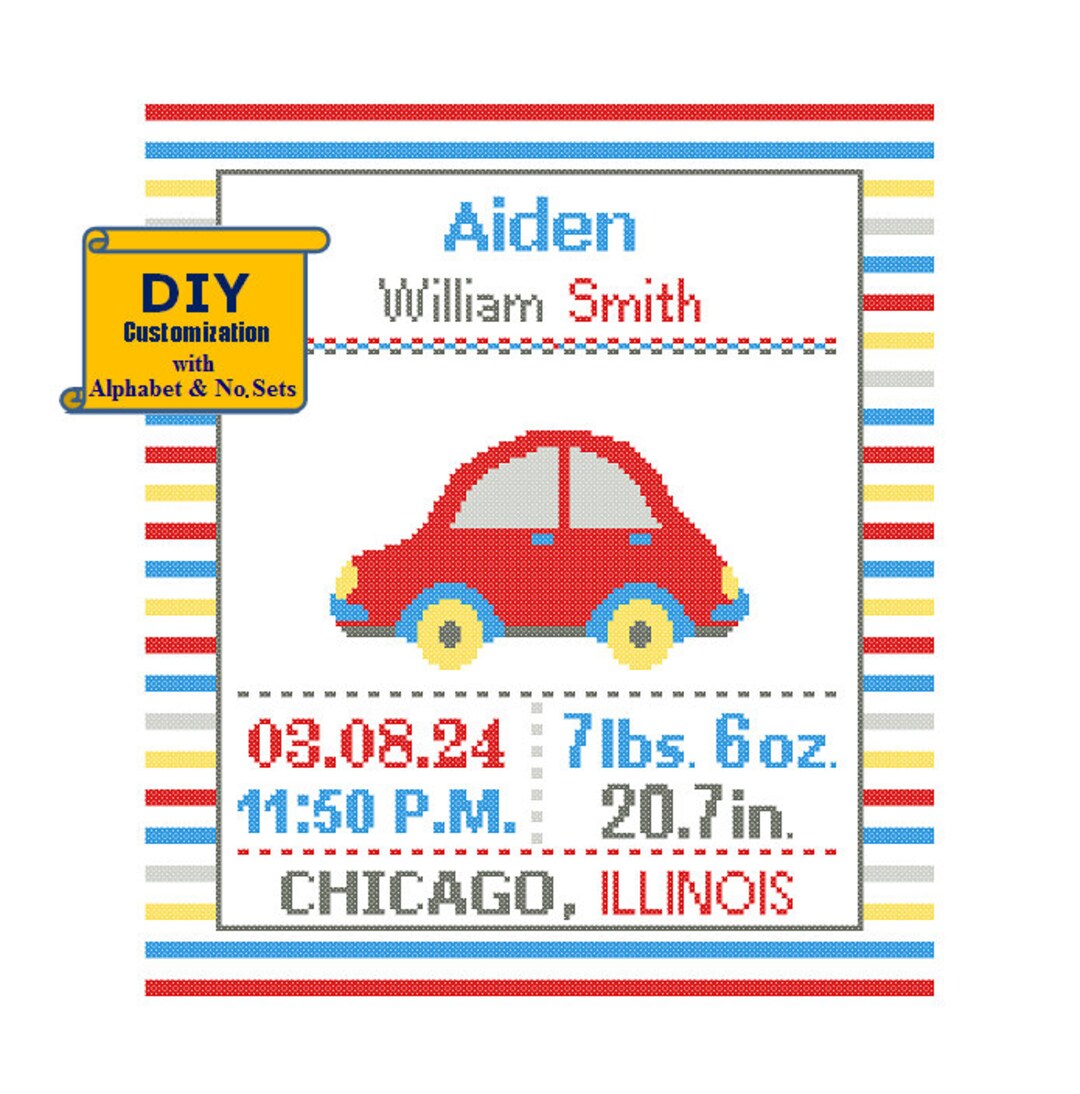 Car Cross Stitch Birth Announcement Cross Stitch Birth Record Cross ...