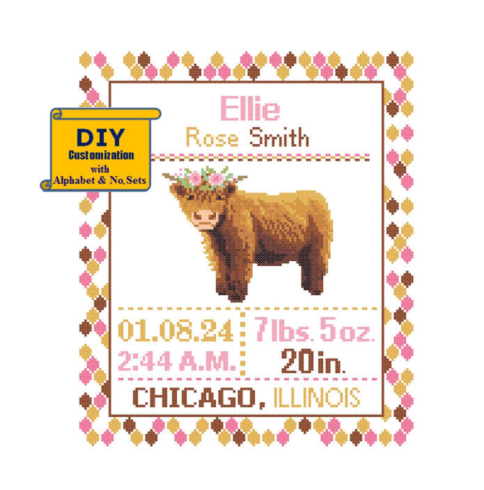 Highland Cow Cross Stitch Birth Announcement Cross Stitch Birth Record ...