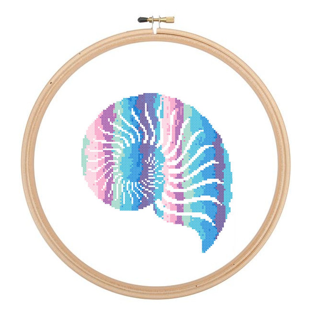 Round Shell Cross Stitch Pattern Blue Pink Wall Art Sea Life Modern ...
