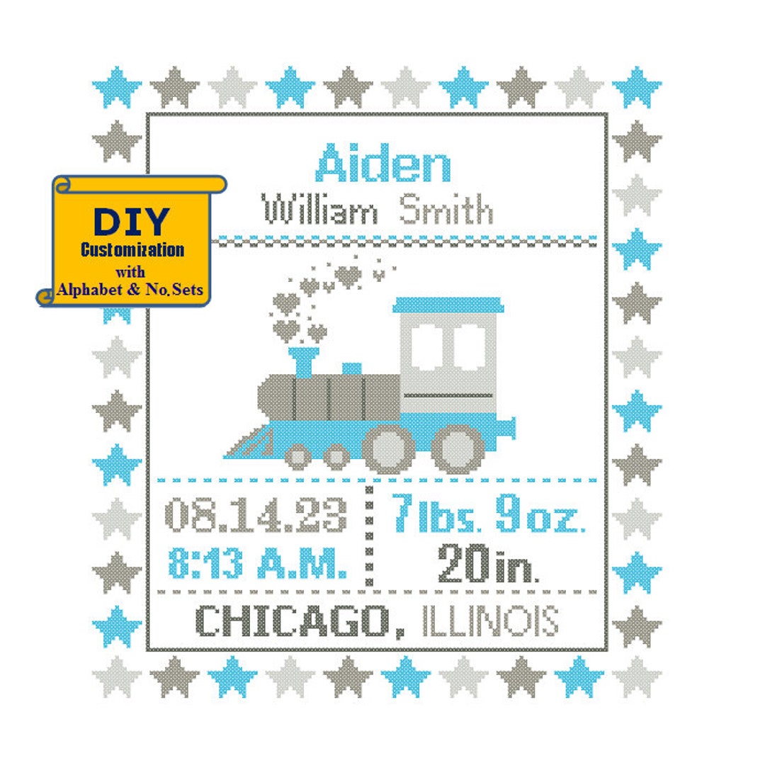 Train Engine Pattern Cross Stitch Birth Announcement Cross Stitch ...