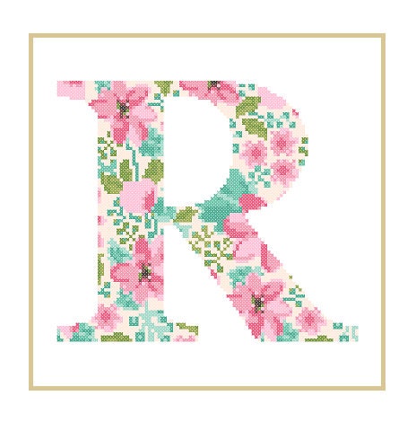 Floral Monogram R Cross Stitch Pattern R Initial R Letter Cross Stitch ...