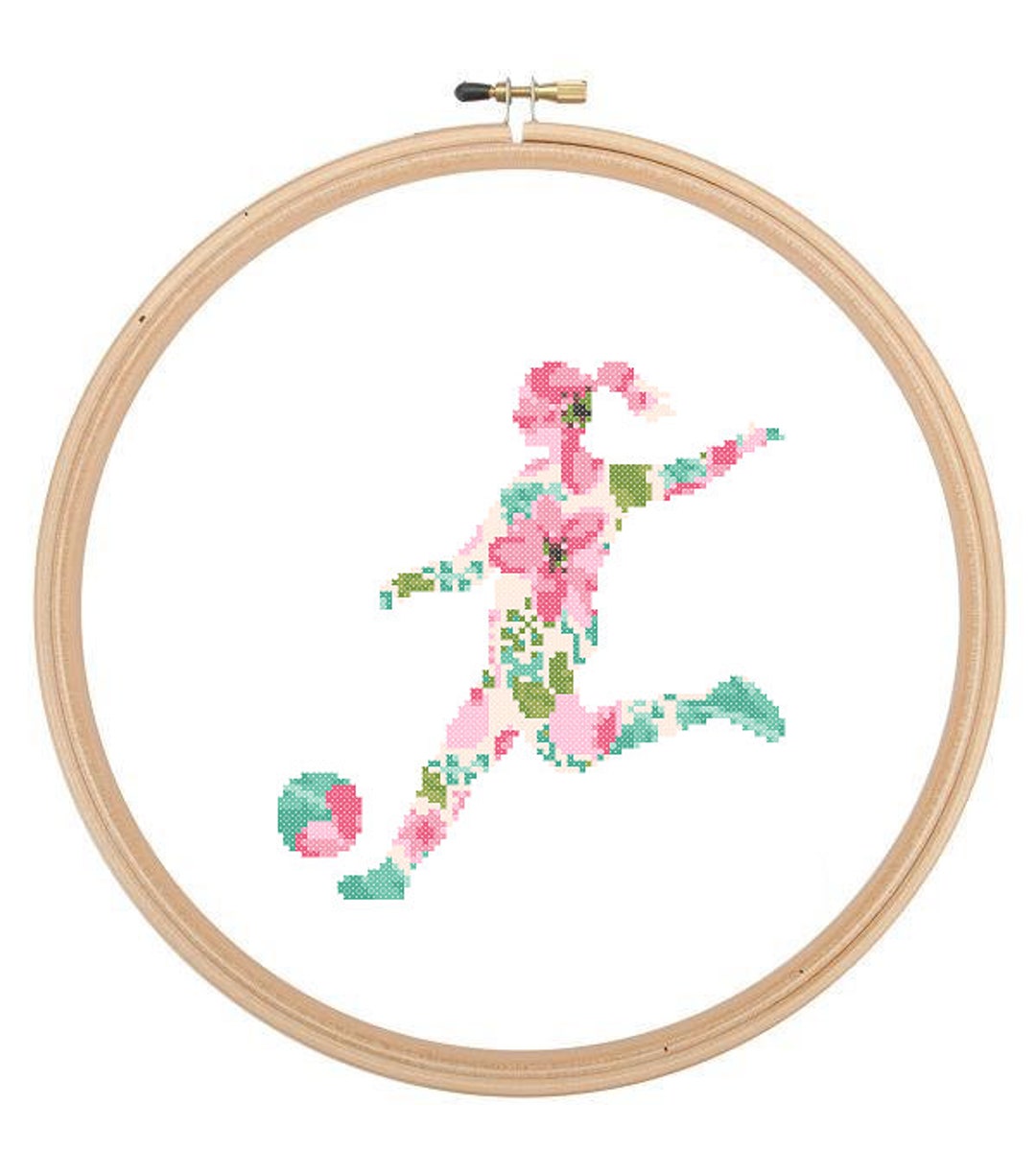 Woman Soccer Silhouette Cross Stitch Pattern Floral Water Color Effect ...