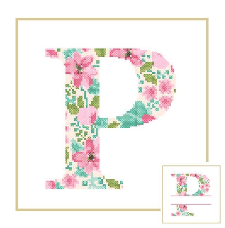 Floral Monogram P Cross Stitch Pattern P Initial P Letter Cross Stitch ...