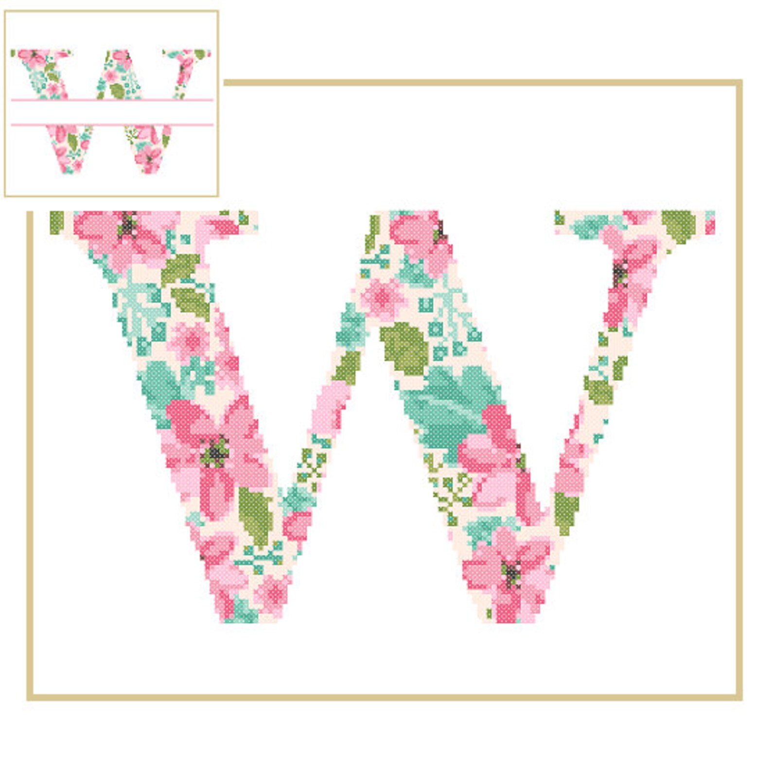 Floral Monogram W Cross Stitch Pattern W Initial W Letter | Etsy