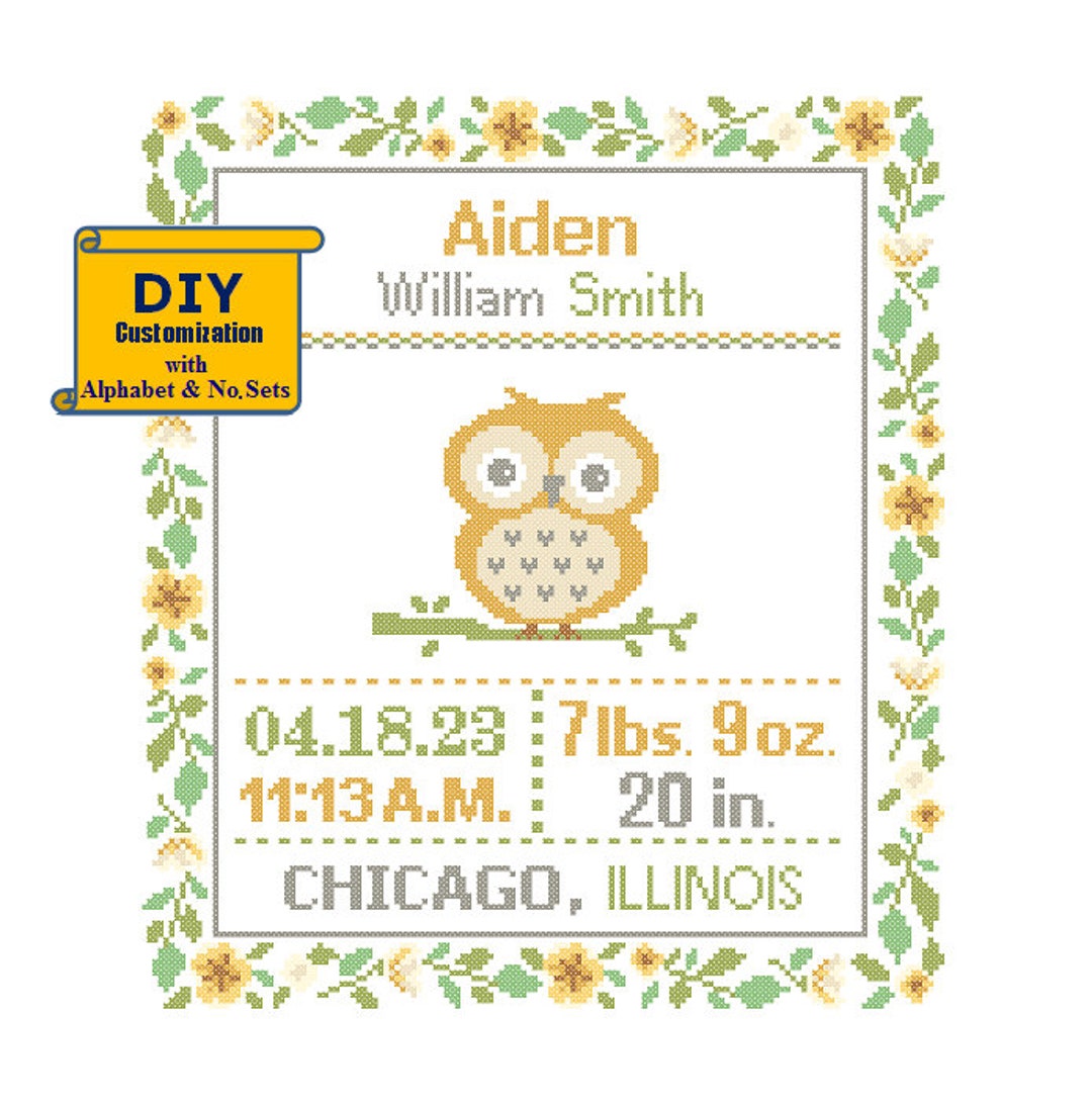 Owl Cross Stitch Birth Announcement Cross Stitch Birth Record Floral ...