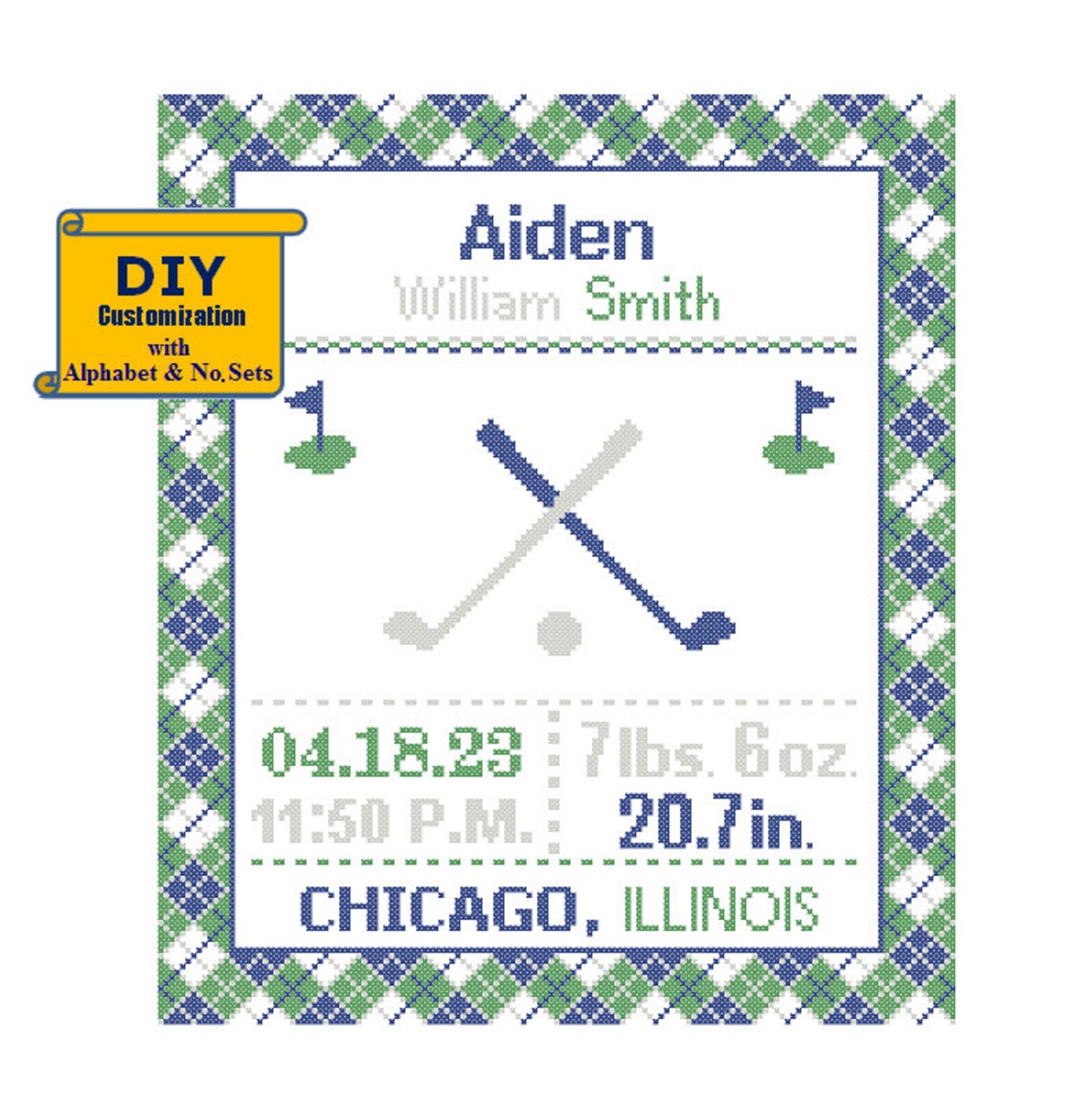 Golf Birth Sampler Cross Stitch Birth Announcement Cross Stitch Birth ...