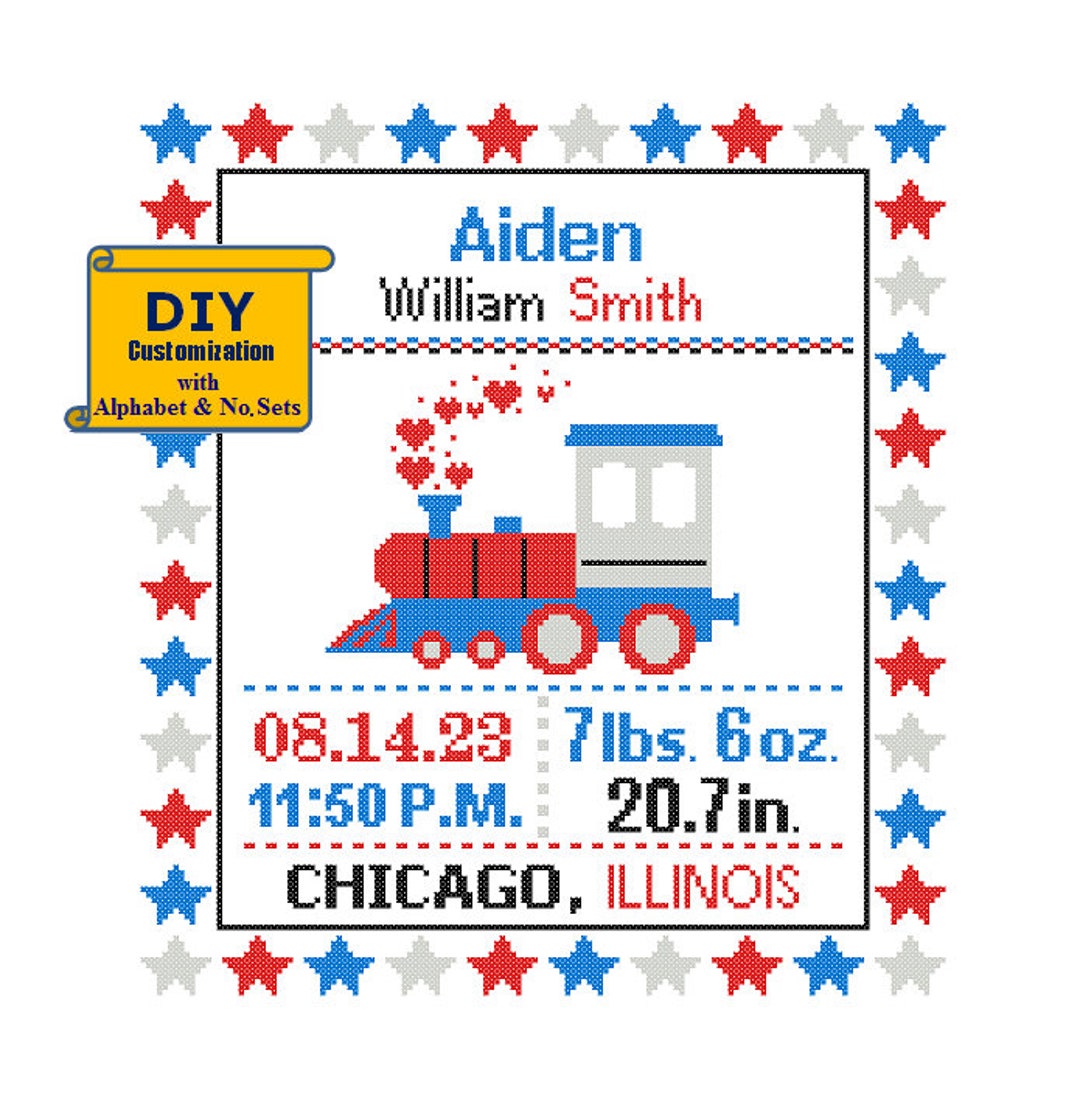 Train Engine Pattern Cross Stitch Birth Announcement Cross Stitch ...