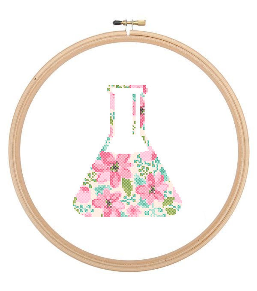 Science Beaker Flask Cross Stitch Pattern Floral Water Color Effect ...